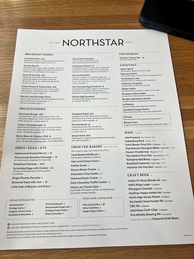 A menu that reads like a love letter to fresh ingredients. Notice how your eyes immediately gravitate to "Mushroom Frittata" – that's no accident.