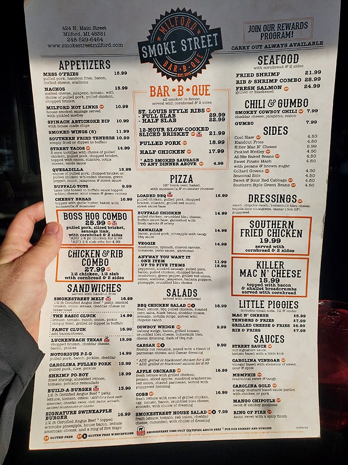 A menu that reads like barbecue poetry. Each section promises a different path to smoked meat enlightenment, with combinations that make decision-making deliciously difficult.