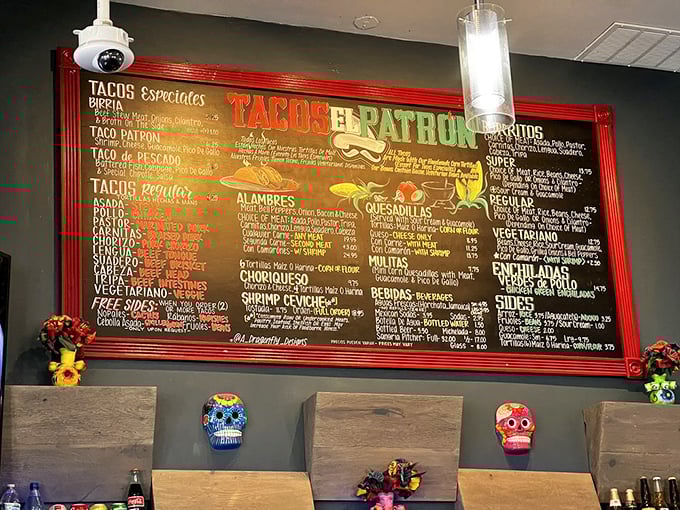 The menu board – a treasure map where X marks the spot for quesabirria, and every item promises delicious adventure.