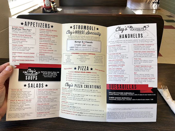 The menu at Clay's reads like a love letter to comfort food, with the stromboli section proudly declaring itself the house specialty.