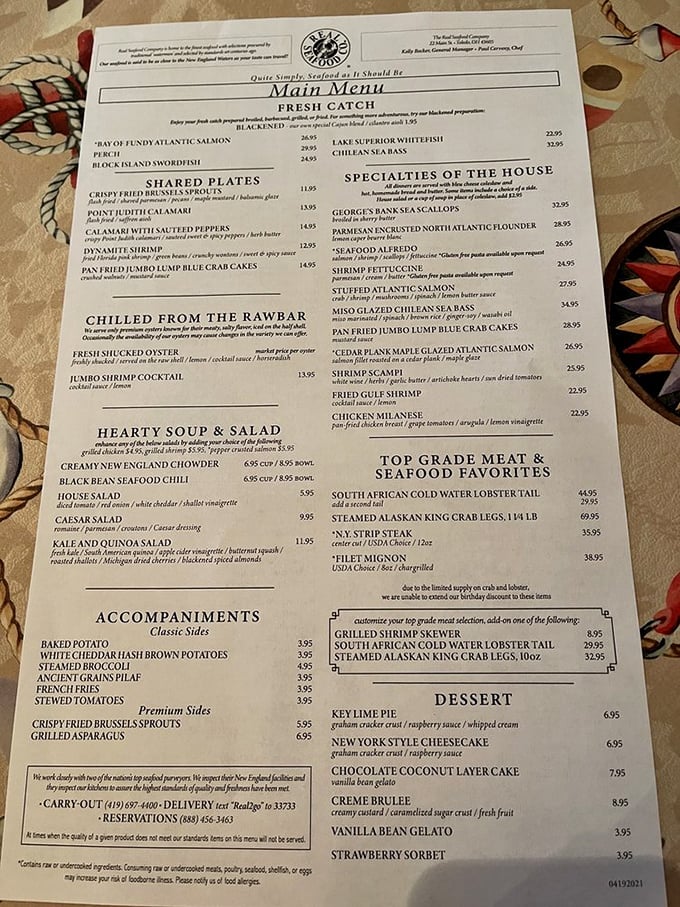 This menu isn't just a list of options—it's a maritime treasure map where X marks the Stuffed Atlantic Salmon.
