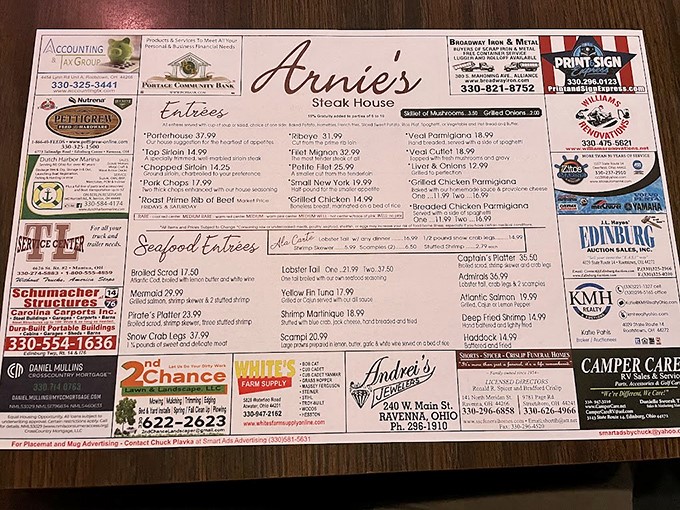 The menu at Arnie's reads like a carnivore's love letter – seafood, steaks, and everything in between. Decision paralysis has never been so delicious.
