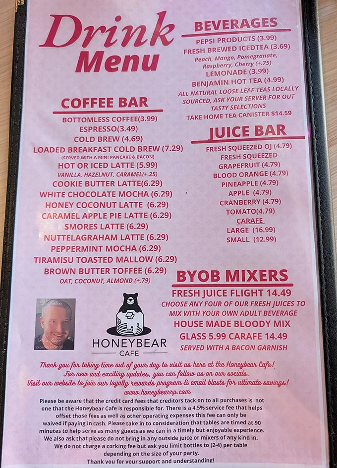 The drink menu reads like a fantasy novel where coffee and juice are the main characters in an epic tale of morning redemption.