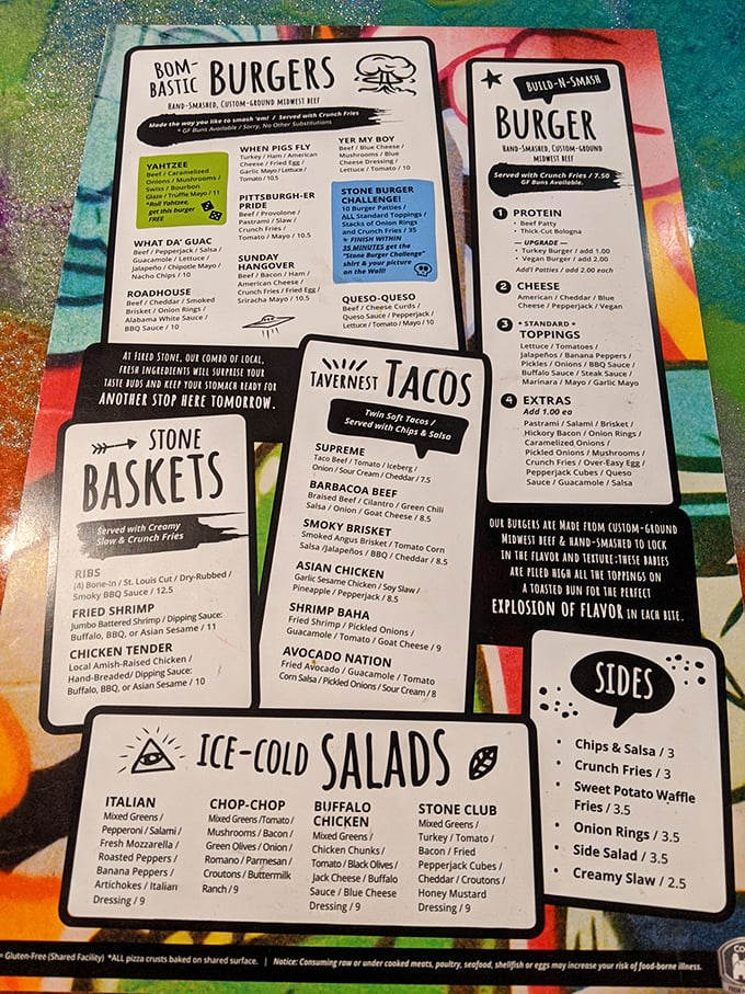 This menu isn't just reading material—it's a roadmap to happiness. The "Bom-Bastic Burgers" section alone deserves its own ZIP code.