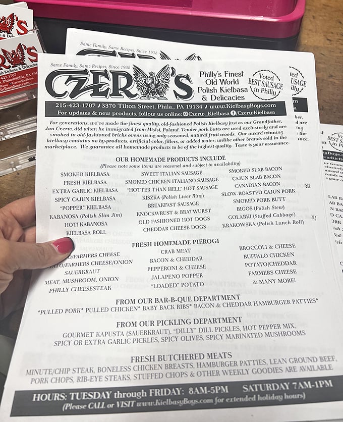 This menu isn't just a list—it's a Polish-American family tree of smoked, spiced, and savory delights that have sustained generations through good times and bad.