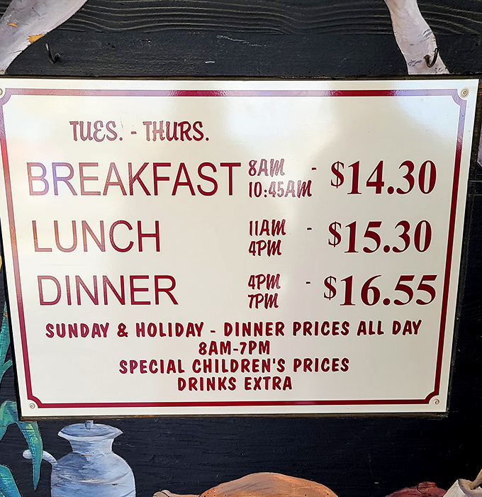 The menu board tells the whole story—breakfast, lunch, dinner, all you can eat. It's like a mathematical equation where the answer is always "satisfied."