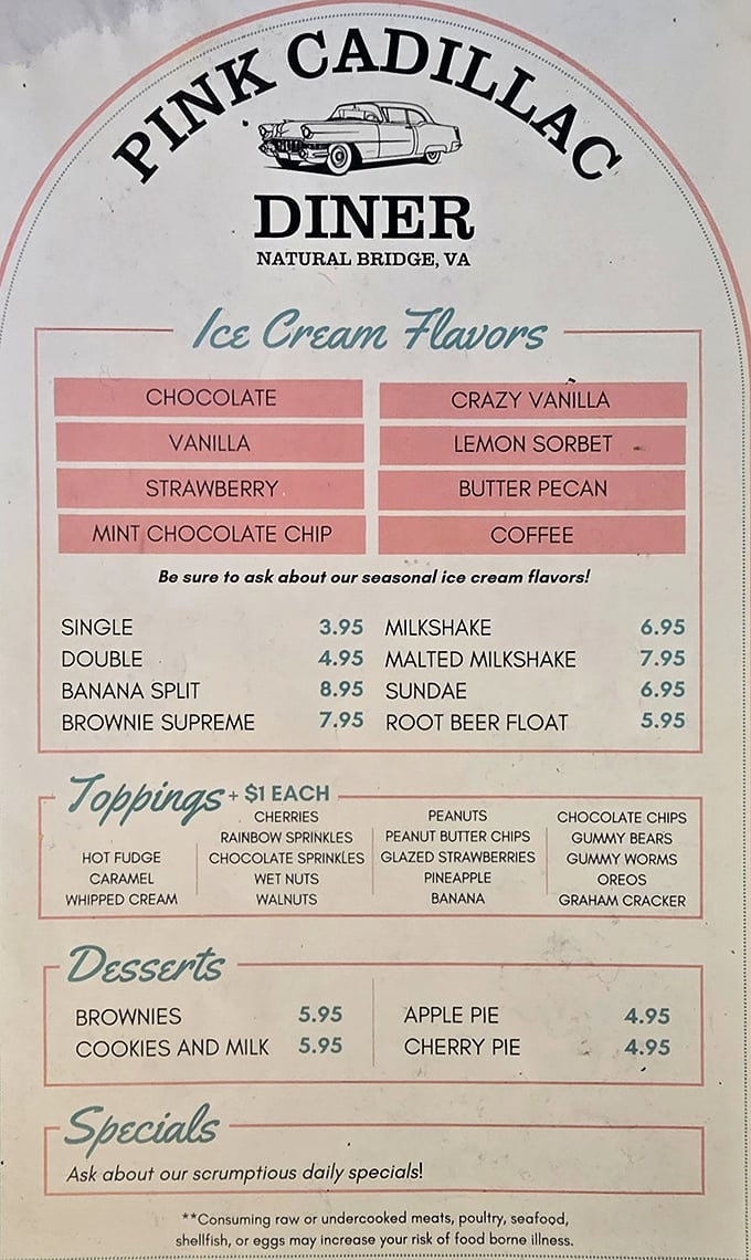 The ice cream menu reads like a love letter to frozen dairy perfection. "Crazy Vanilla" isn't just a flavor—it's a philosophy.