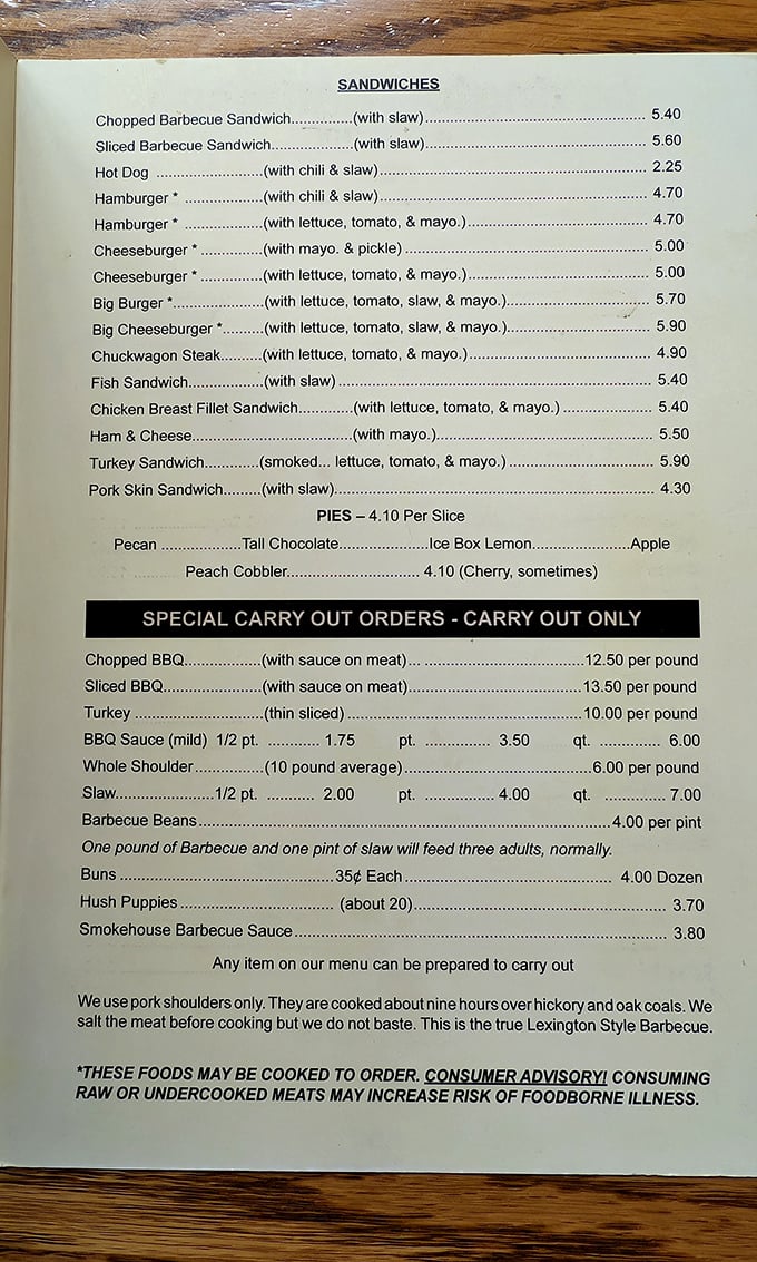 This menu isn't just a list—it's a roadmap to happiness. Notice how they boldly proclaim "true Lexington Style Barbecue" with well-earned confidence.