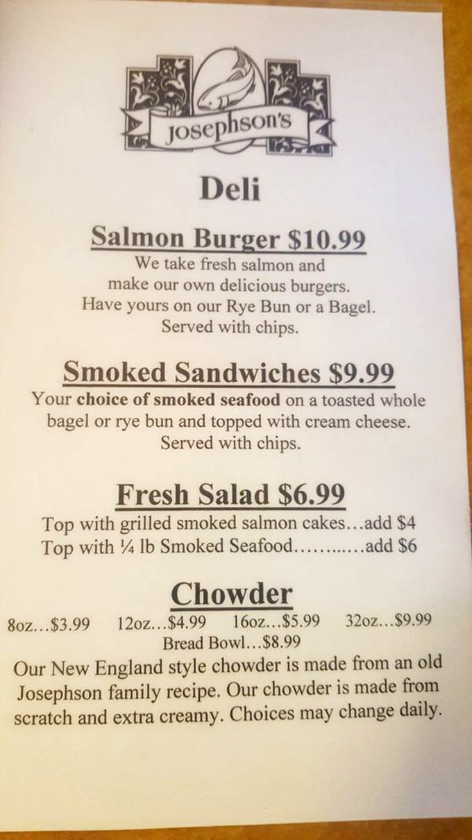 This menu reads like seafood poetry – salmon burgers, smoked sandwiches, and that chowder! The kind of straightforward offerings that signal true culinary confidence.