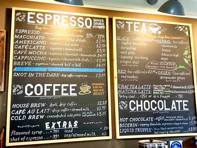 The chalkboard menu reads like poetry for the caffeine-obsessed. That "Shot in the Dark" isn't just coffee—it's liquid motivation with a side of whimsy.