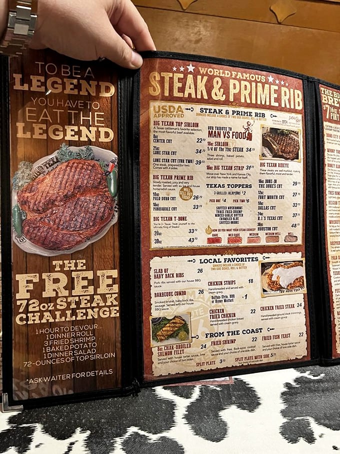 Not just a menu—it's a declaration of carnivorous intent. "To be a legend, you have to eat the legend" might be the most Texas statement ever written.