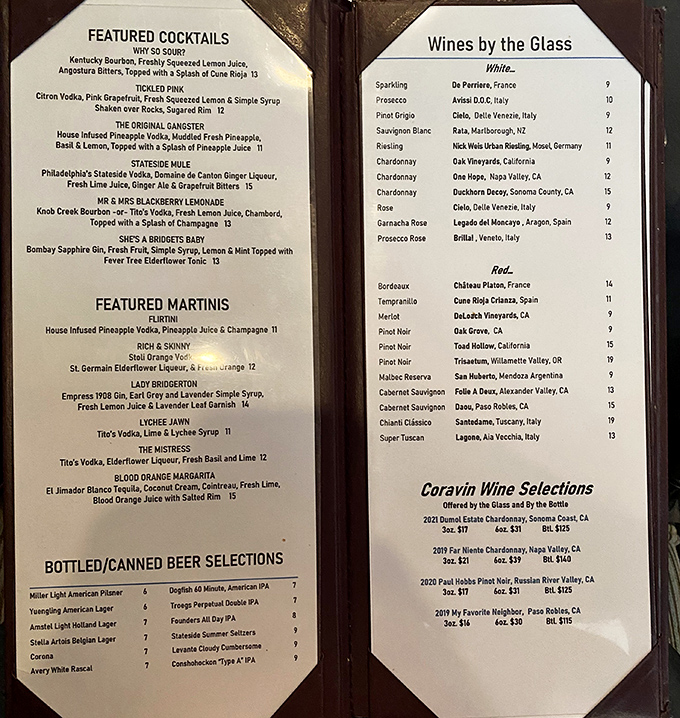 The cocktail menu reads like a love letter to libation enthusiasts. Decision paralysis has never been so deliciously justified.