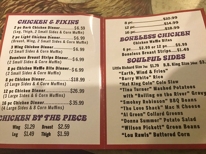 This menu isn't just a list of dishes—it's a musical journey with sides named after legends like "Tina Turner" mashed potatoes and "Al Green" collard greens.