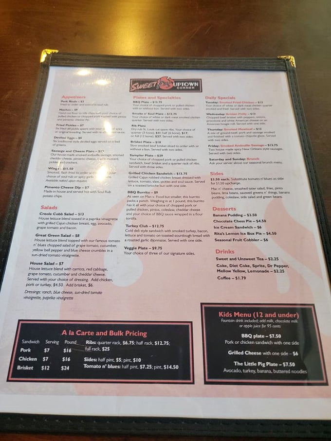 This menu isn't just a list of options—it's a roadmap to happiness with BBQ as your trusty guide.