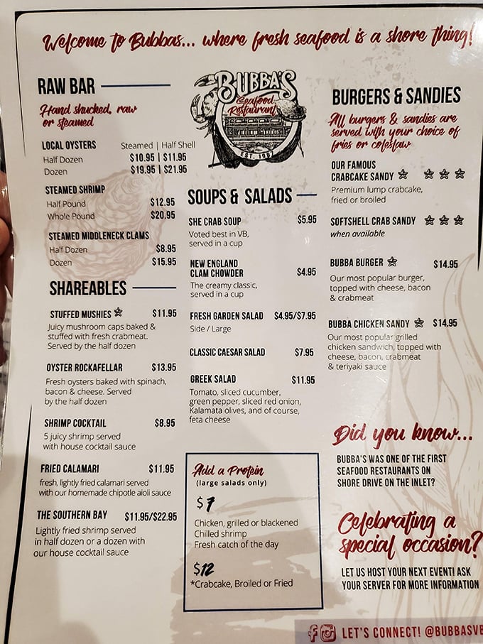 The menu reads like a love letter to the Chesapeake Bay – those three stars next to the crabcake sandy? They're not just decoration, folks.