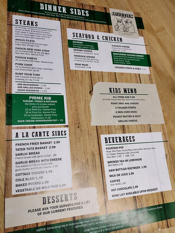 This menu isn't just a list of options – it's a roadmap to happiness with prime rib as the ultimate destination.