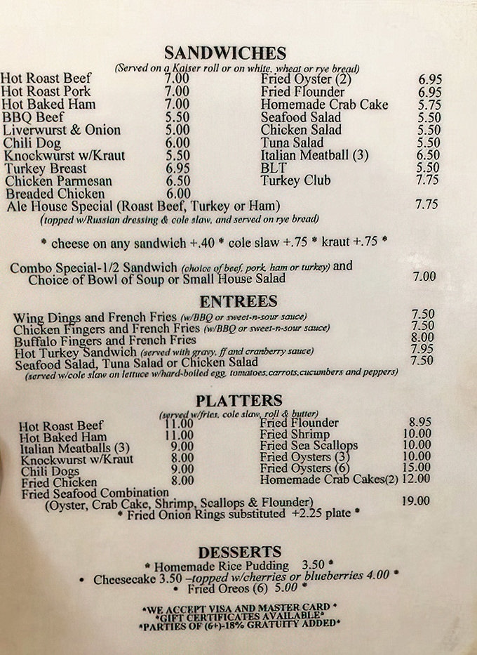 A menu that reads like a love letter to comfort food classics. No molecular gastronomy here—just honest food that satisfies the soul.