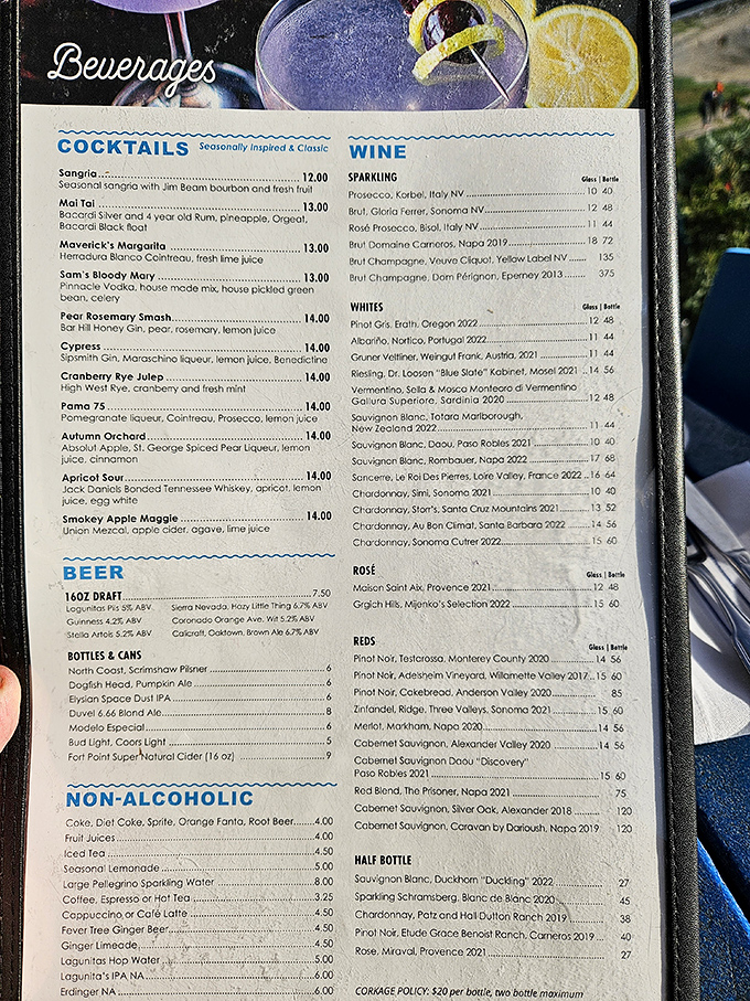 The beverage menu reads like a coastal California dream – from craft cocktails to local wines perfect for seafood pairing.
