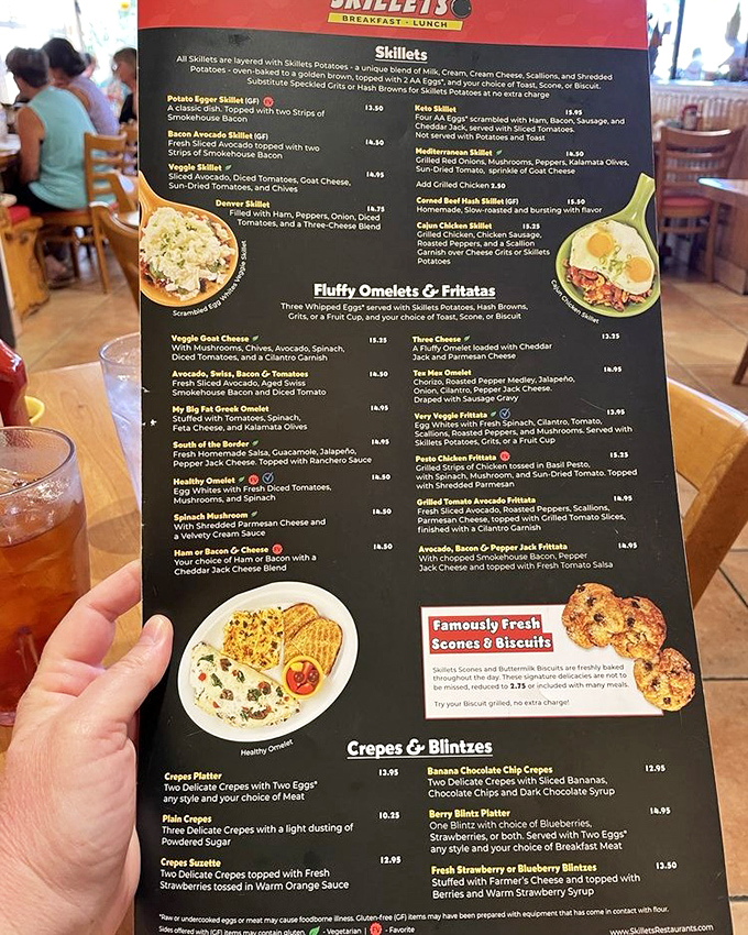 The menu reads like a love letter to breakfast enthusiasts – each description promising a morning romance with eggs, potatoes, and freshly baked goods.
