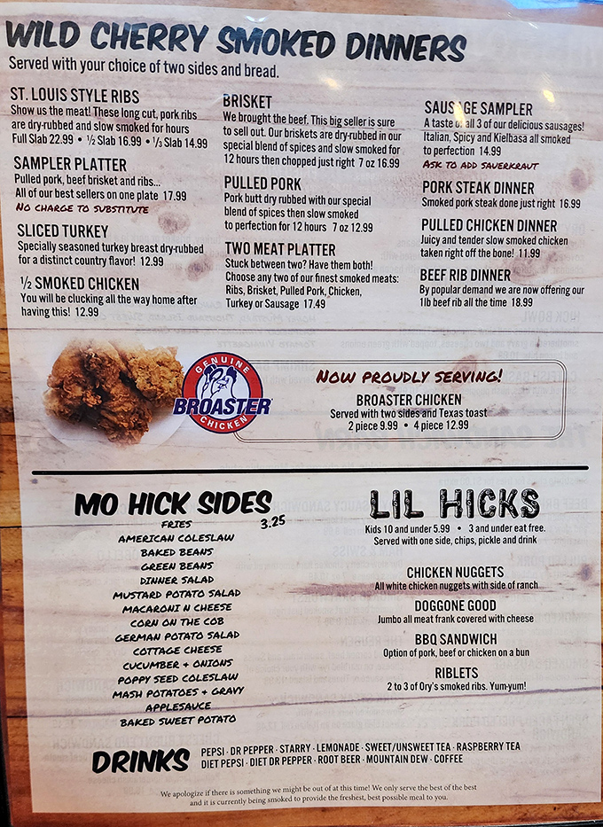 This menu isn't just a list—it's a roadmap to happiness. The "Wild Cherry Smoked Dinners" section alone could bring a tear to your eye.