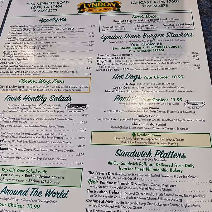 The menu reads like a love letter to American comfort food—each section promising a different path to culinary satisfaction.