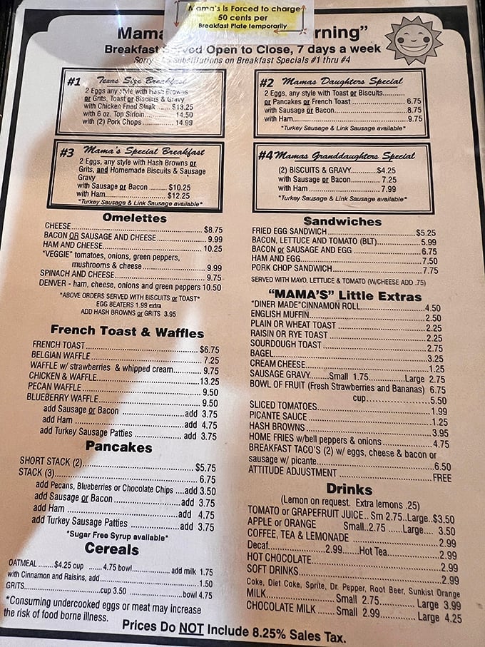 This menu isn't just a list of food—it's a roadmap to happiness with breakfast served all day, every day.