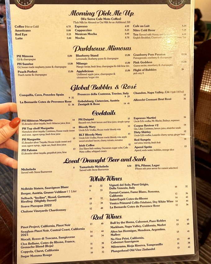 The drink menu reads like a love letter to morning indulgence. "Parkhouse Mimosas" isn't just a section—it's a lifestyle choice.