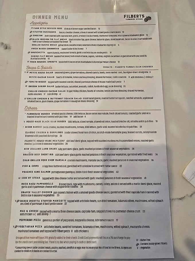 A menu that reads like a love letter to comfort food—from farm-style deviled eggs to that legendary fish and chips. Decision paralysis guaranteed.