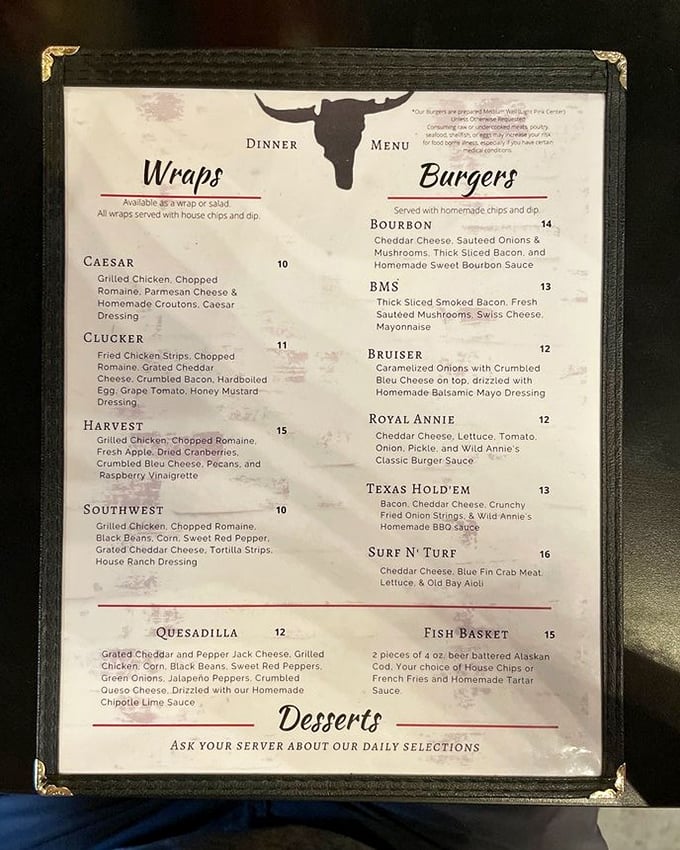 A menu that reads like a love letter to comfort food. The "Clucker" wrap beckons with its promise of fried chicken perfection wrapped in tortilla bliss.