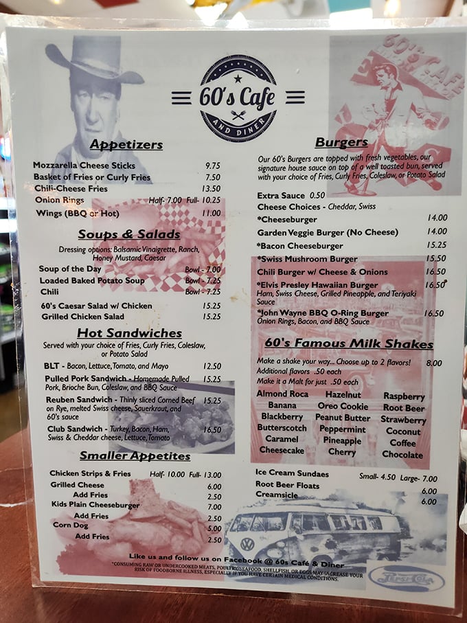 This isn't just a menu—it's a roadmap to happiness. The John Wayne BBQ O-Ring Burger calls to carnivores while milkshakes tempt everyone's inner child.