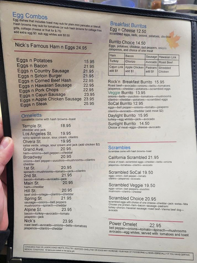 This menu isn't just a list of options—it's a roadmap to breakfast nirvana, with street-named omelets that take you on a tour of Los Angeles.