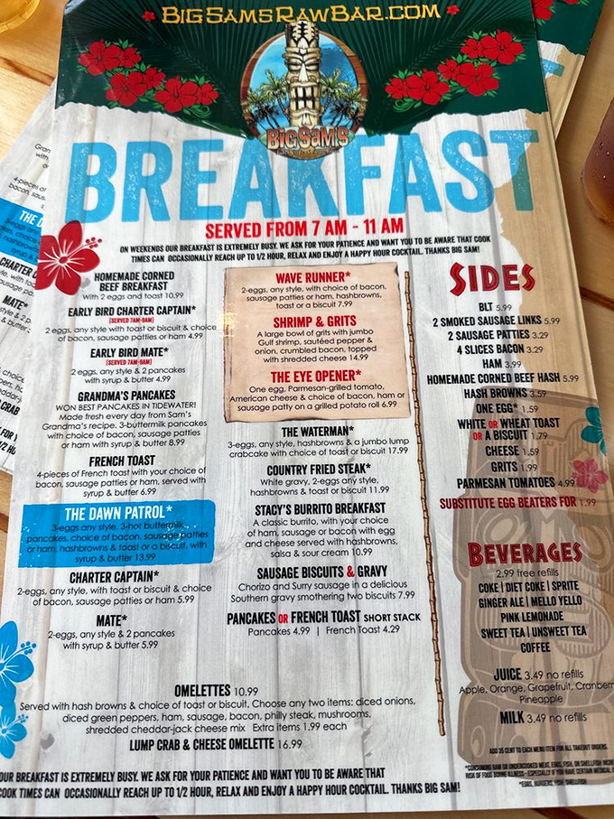 Breakfast at Big Sam's isn't just a meal—it's maritime fuel. "Grandma's Pancakes" and "Lump Crab Omelettes" prove that mornings by the water deserve special treatment.