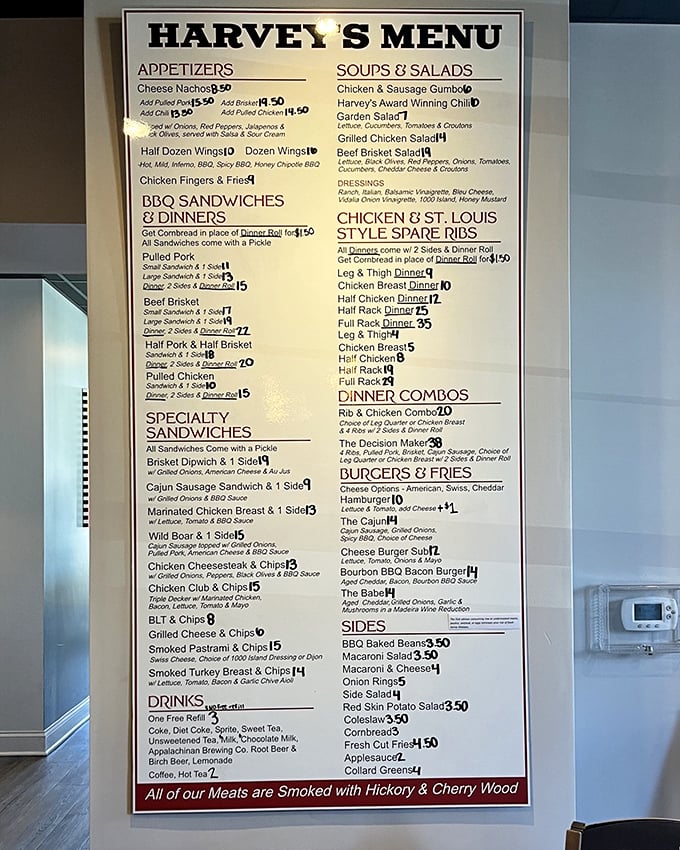 A menu that reads like a love letter to smoked meats. Notice how they proudly declare their hickory and cherry wood smoking method—the BBQ equivalent of name-dropping.