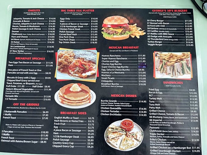 This menu isn't just a list of food—it's a roadmap to happiness. The Mexican Breakfast section alone could solve most of life's problems.
