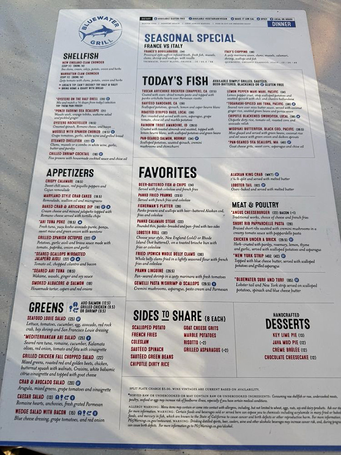 This menu isn't just a list of dishes—it's a love letter to the Pacific Ocean with enough seafood options to make Neptune jealous.