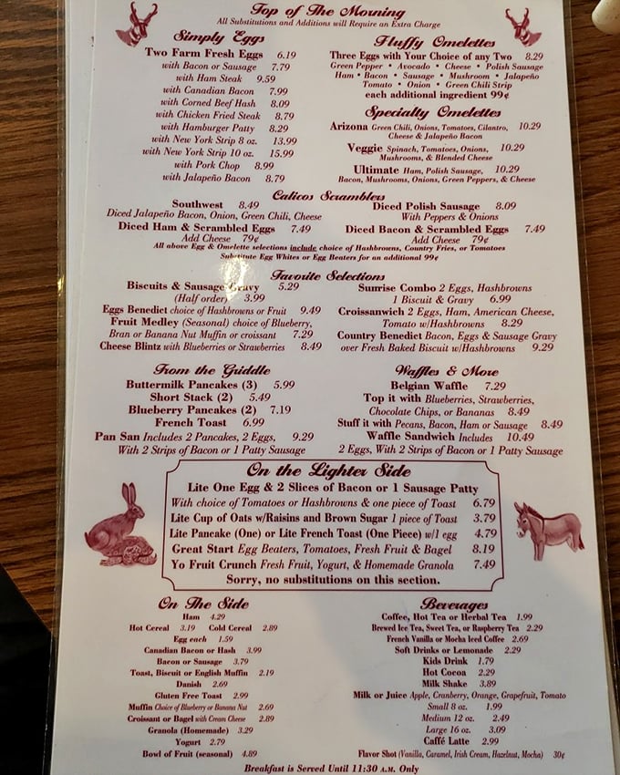 This breakfast menu reads like a love letter to morning indulgence. "Top of The Morning" isn't just a greeting—it's a promise.