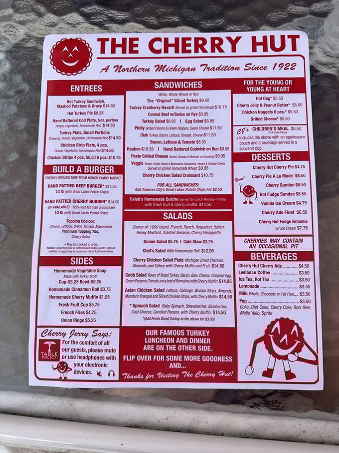 This menu isn't playing around – when a place commits to putting cherries in everything from salads to sodas, you know they mean business.