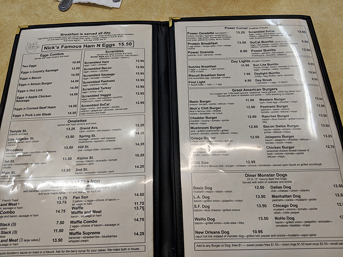 The menu at Nick's reads like a love letter to American breakfast classics. No molecular gastronomy here—just the promise of honest food that makes mornings worth facing.