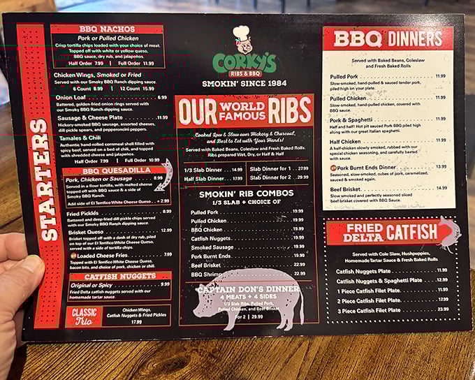 This menu isn't just a list of options—it's a roadmap to happiness. "World Famous Ribs" isn't marketing; it's a statement of fact.