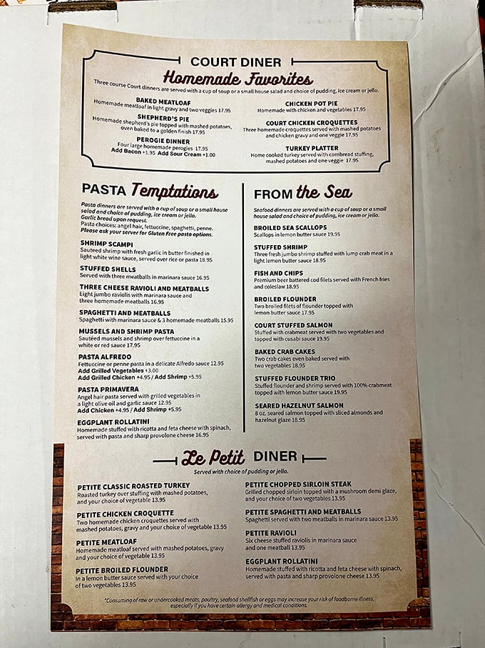 A menu that reads like a love letter to hungry people everywhere. Court Diner's "Homemade Favorites" aren't just a section title—they're a solemn promise.
