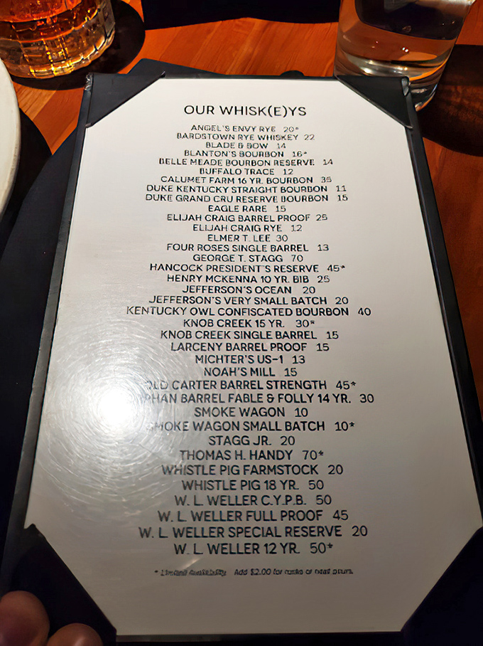 The whiskey menu reads like a bourbon lover's bucket list – from approachable pours to splurge-worthy rarities that might require a small bank loan.