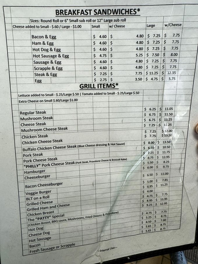 A menu board of dreams – breakfast sandwiches to grill items, with no fancy descriptions needed. The simplicity speaks volumes about their confidence.
