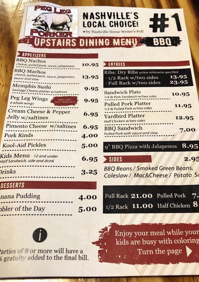 This menu isn't just a list of food; it's a roadmap to happiness with stops at Pulled Pork Junction and Dry Ribs Boulevard.