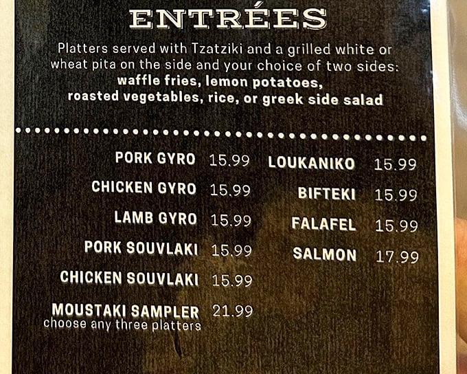 The menu board reads like a love letter to Greek cuisine. Each option more tempting than the last, making decisions deliciously difficult.