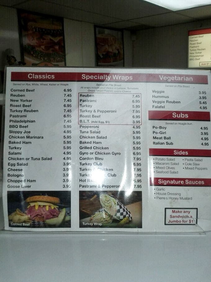 The menu board reads like a love letter to sandwich aficionados. Notice how the Reuben commands prime real estate—a celebrity among sandwiches.