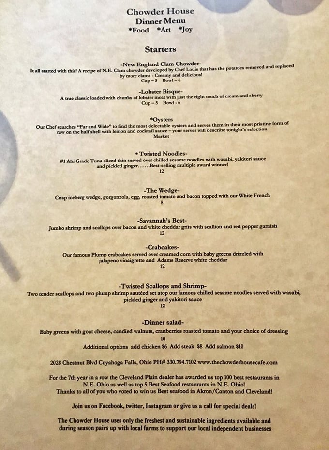 This menu reads like a love letter to seafood—where Chef Louis's potato-less New England Clam Chowder started it all. Cleveland Plain Dealer wasn't wrong!