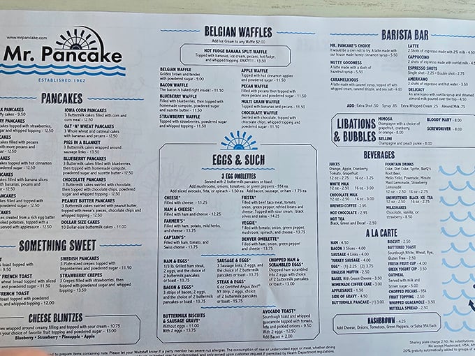 The menu at Mr. Pancake reads like a breakfast lover's manifesto—complete with a "Something Sweet" section that feels like permission to indulge.