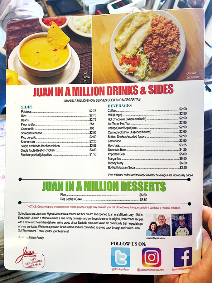 The menu tells the real story – this isn't just breakfast, it's an institution. Beer and margaritas now available? Breakfast tacos and tequila – name a more perfect combination.