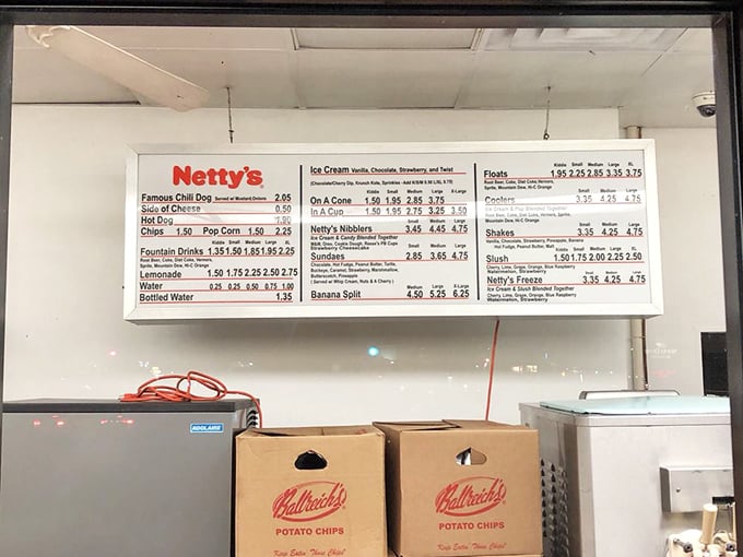 The menu board at Netty's is like a time capsule of American comfort food—no fancy descriptions needed when the classics speak for themselves.