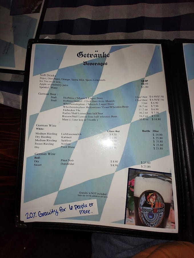 The beverage menu reads like a love letter to German brewing tradition. Decisions, decisions—life's tough when choosing between Hofbräu and Weihenstephan.